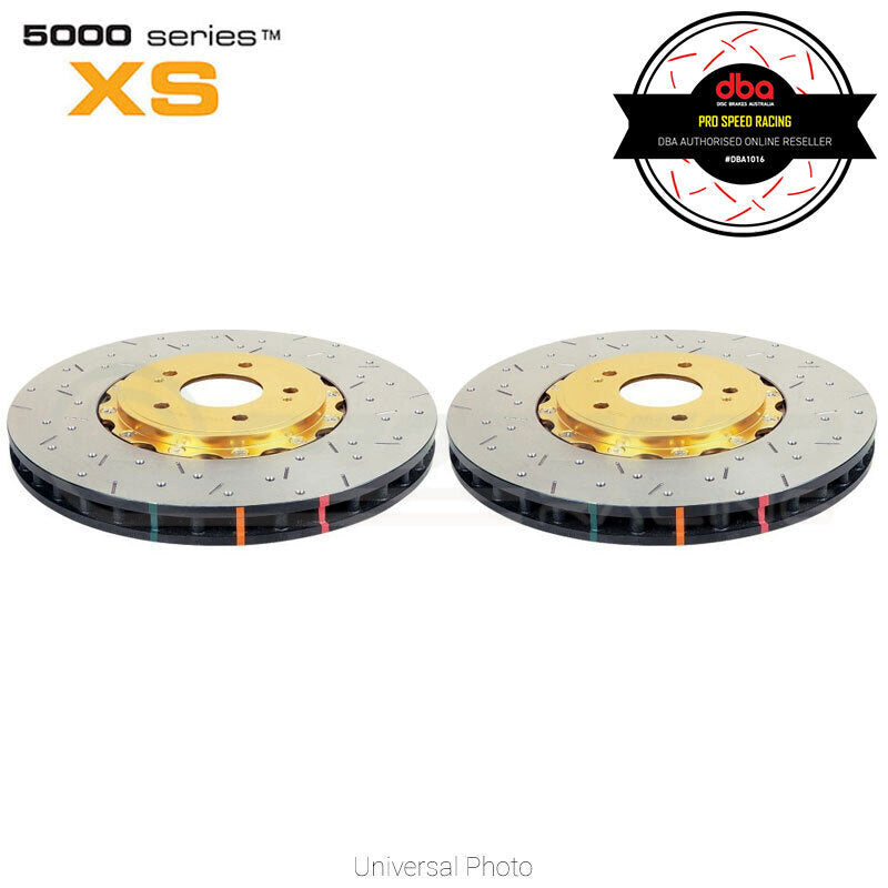 DBA 5000 XS Series 2-Piece Drilled/Slotted Rotors PAIR Gold Hat - Ford Mustang GT V8 05-10 V6 11 ...